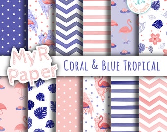 Flamingo digital paper Flamingo mint & coral background