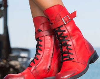 Red leather boots | Etsy