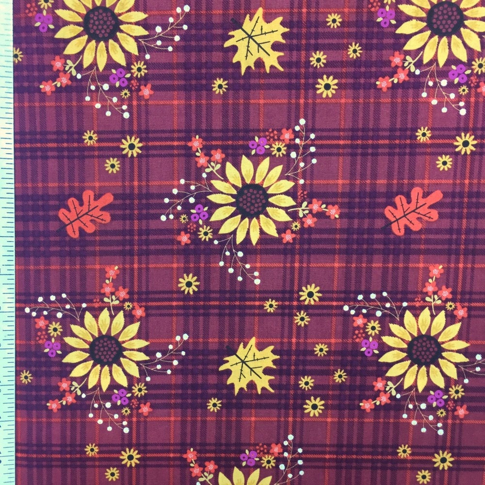 Sunflowers on Plaid fabric by the yard / Yellow flowers on