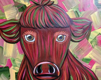 Red Cow Art Print Just Before Sunset Painting by Dottie
