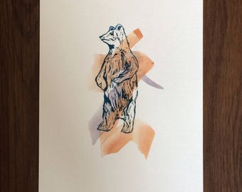 BEAVER Original Hand-Pulled Linocut Block Art Print Brown