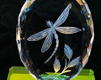 Hand Engraved Purple Paperweight Dragonflies Office Decor