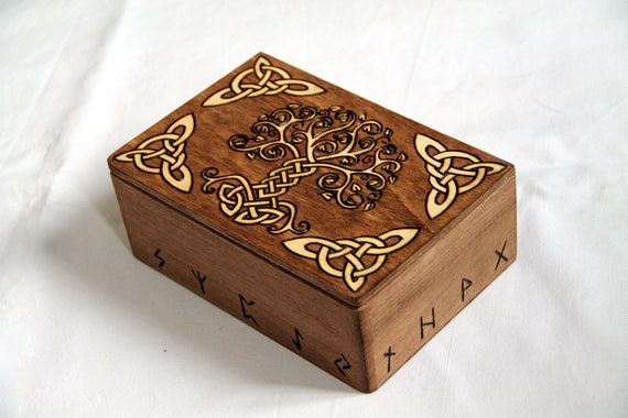 Wooden box carved with viking patterns celtic chest
