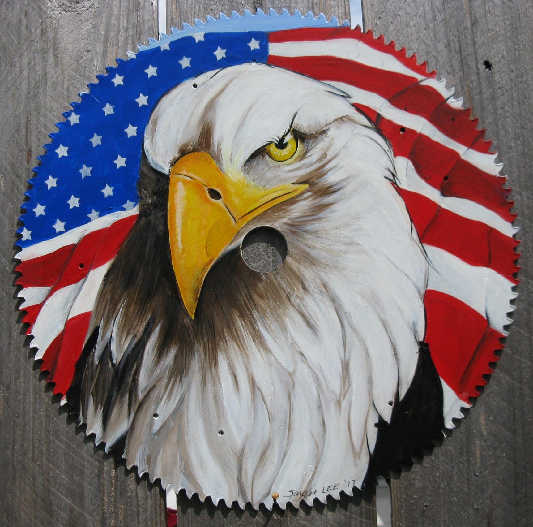 14 Inch Hand Painted Saw Blade. Patriotic Design with Red