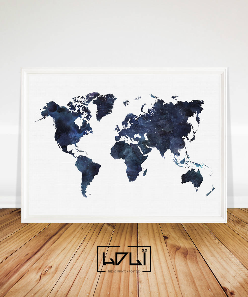 Blue World Map Printable Watercolour World Map Print Navy