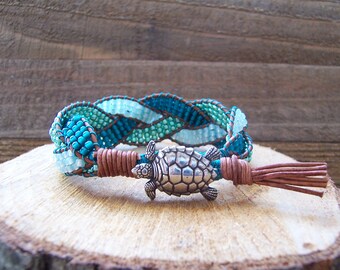 Sea Turtle Beaded Braided Leather Wrap Cuff Bracelet Beaded