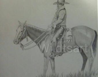 Saddle Bronc drawing of a rodeo cowboy riding a bronc at the