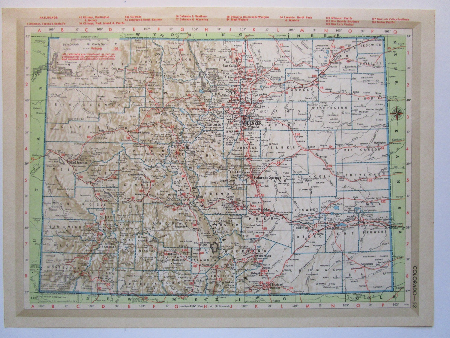 Vintage 1952 COLORADO Railroad Map. 8x11. 1950s. Mid Century