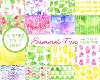 Summer Digital Paper SUMMER Fun Patterns Surfboards ice cream