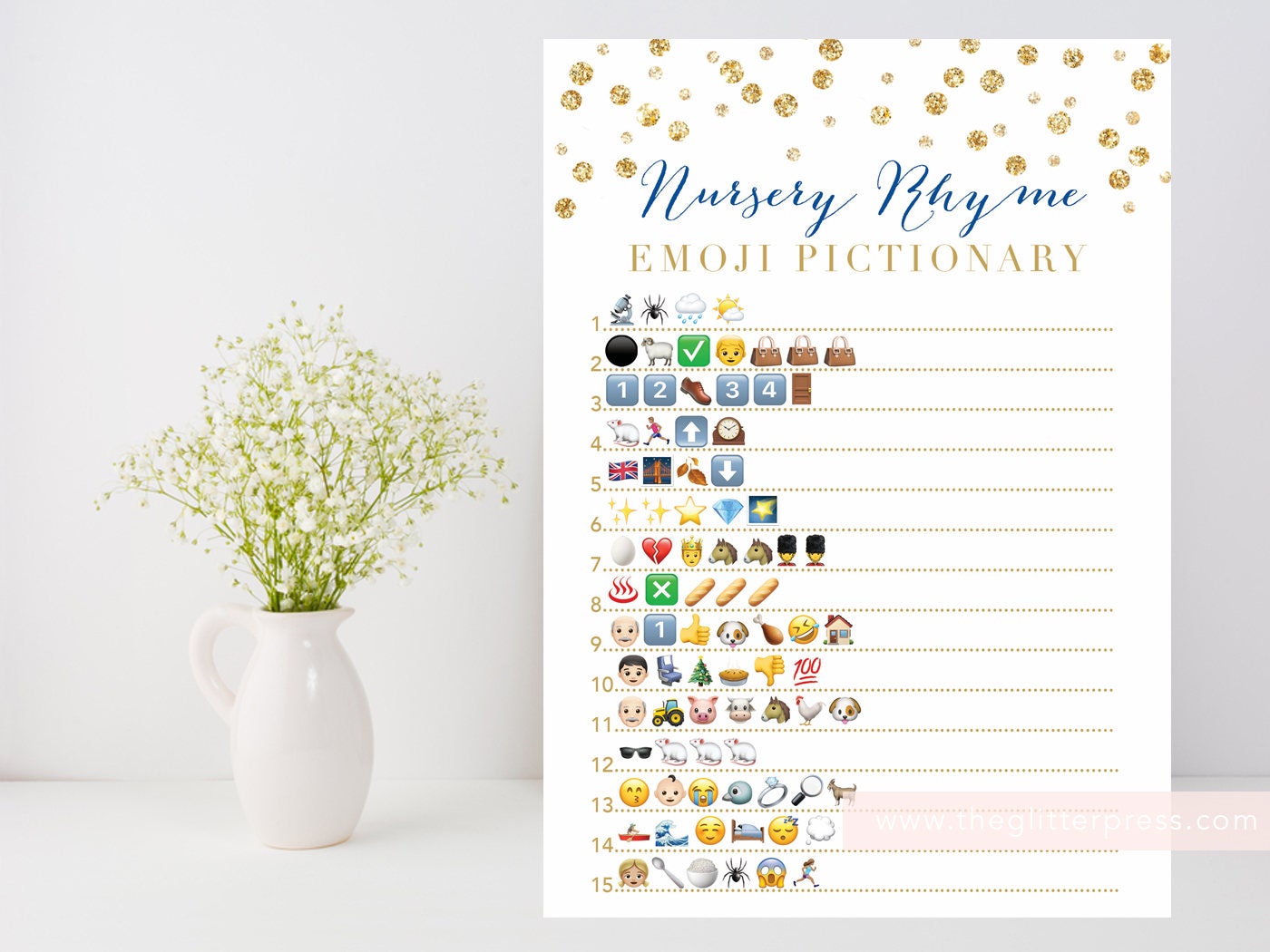 Nursery Rhyme Quiz Emoji Pictionary printable game Gold baby