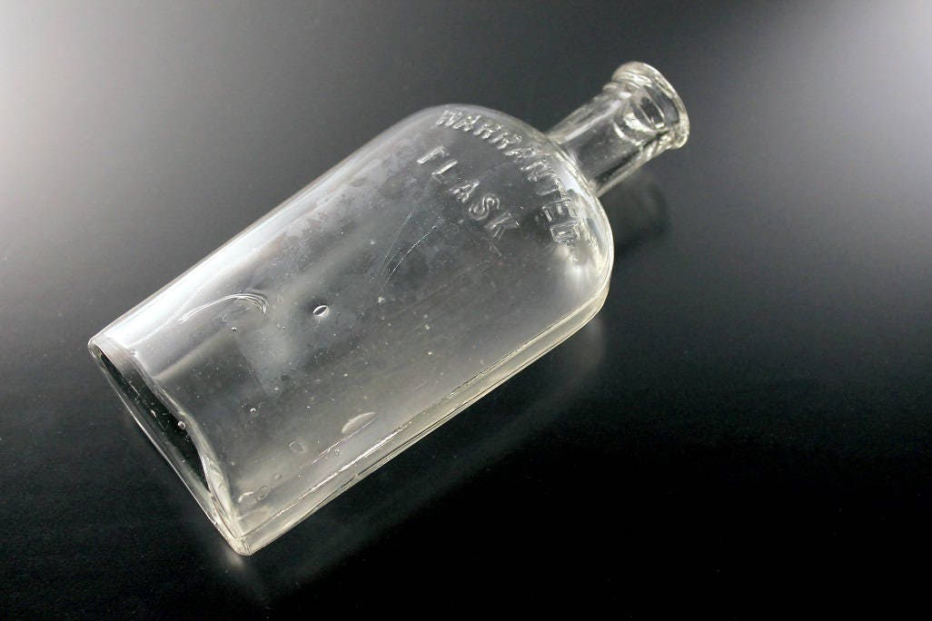 Antique Bottle, Warranted Flask, Whiskey Flask, Clear Glass, Cork ...