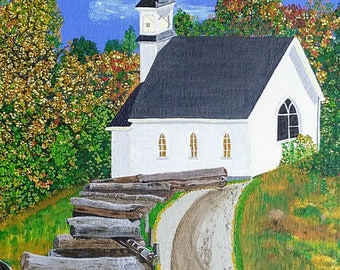 intarsia country church with stain glass