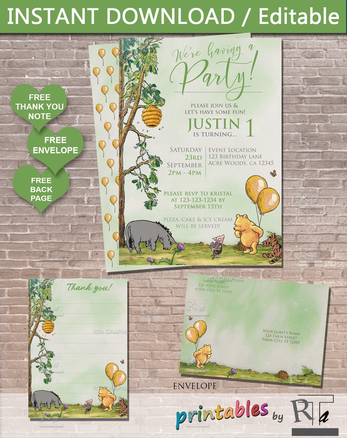 Classic Winnie the Pooh Party Invite / Download Editable