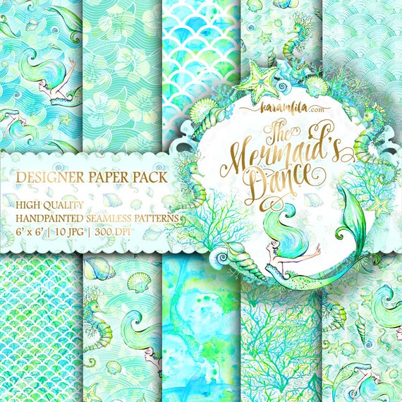 Mermaid Digital Paper Watercolor Sea Backgrounds Handpainted