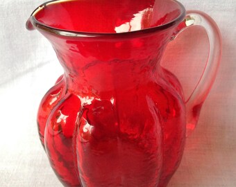 Ruby Red Pilgrim Crackle Glass Clear Handled Pitcher with