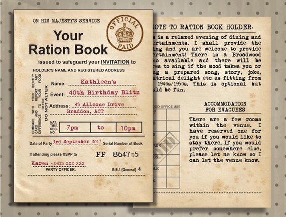 Ration Book Invitation, 1940s British UK Ration Book, 90th Birthday ...