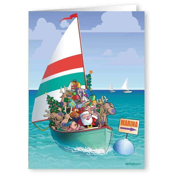 Santa Sailboat Christmas Card Nautical Theme Holiday Cards
