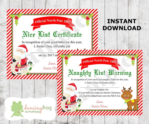 Santa Nice List Certificate Christmas Printable Naughty