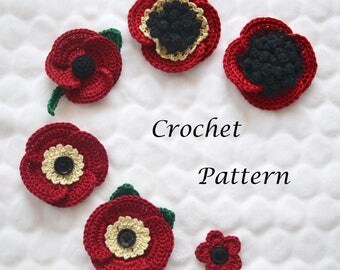 Crochet poppy flower brooch pattern DIY