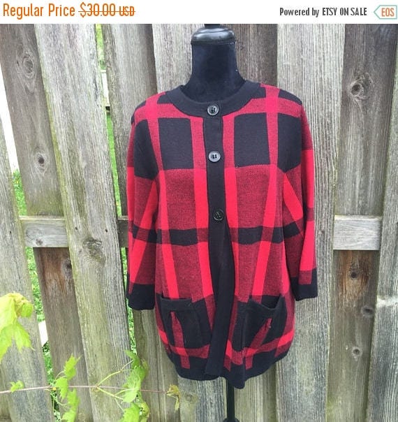 Back to School Sale Vintage Red and Black Plaid Cardigan