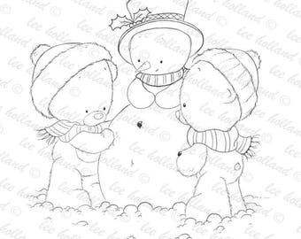 Digital Stamp Snow Friend Children building a snowman