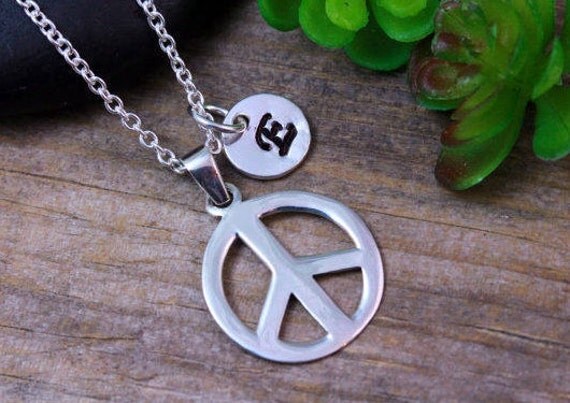 Small Peace Sign Necklace. sterling Silver peace with initial