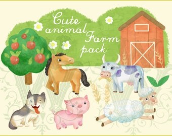 FARM ANIMALS Clipart Barnyard Apples Apple Trees Cow Pig