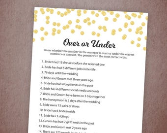 Over or Under Game Bridal Shower Games Printable Bridal