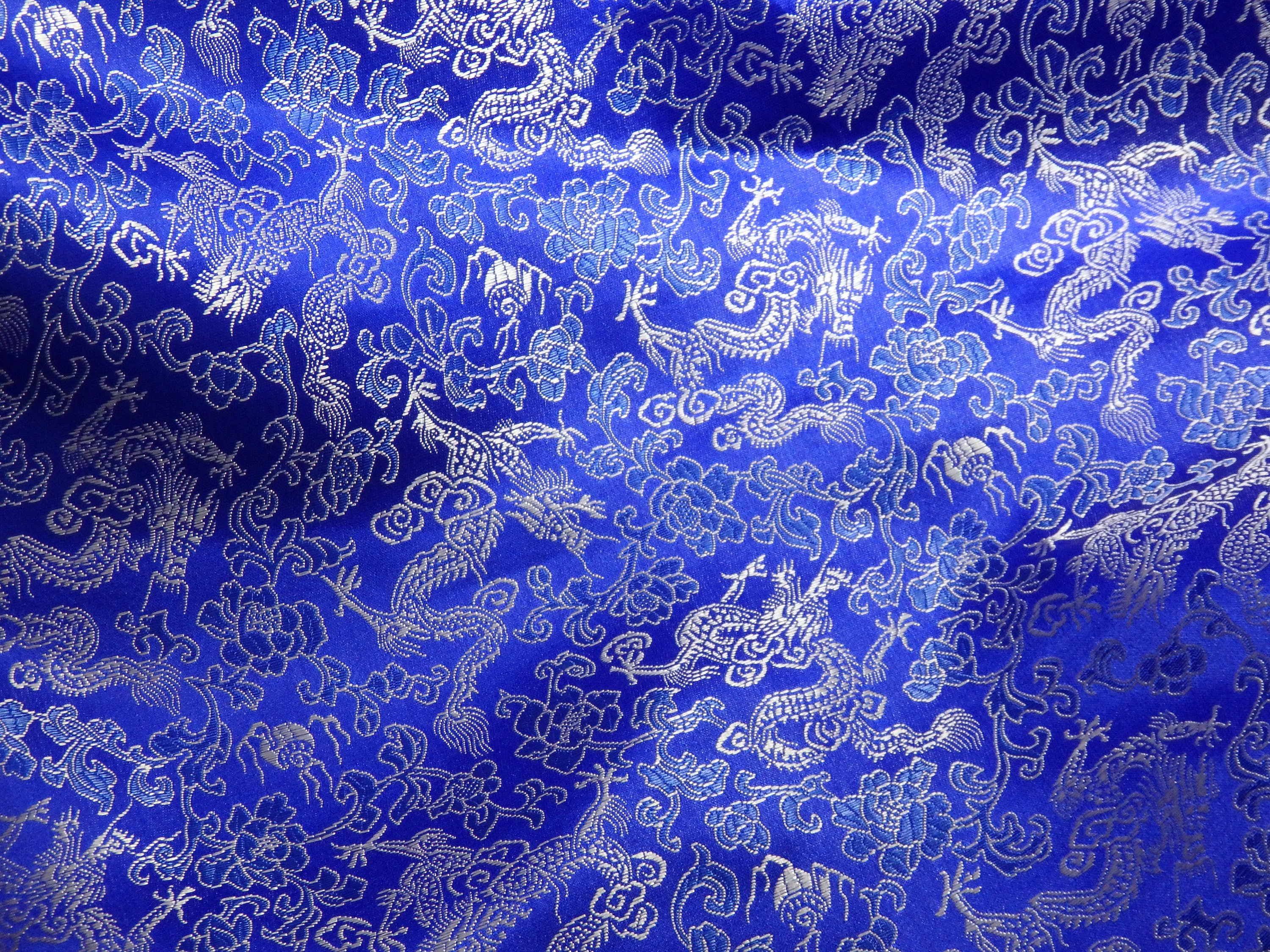 Chinese Brocade Fabric In Blue With Silver Dragons One Yard