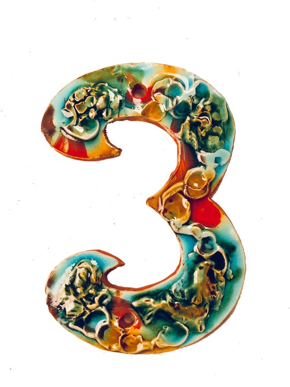 Ceramic Handmade House Number '3' Coral Reef
