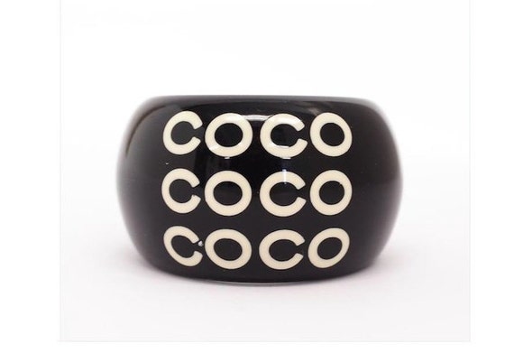 Vintage CHANEL COCO Logo Black White Resin Cocktail Ring